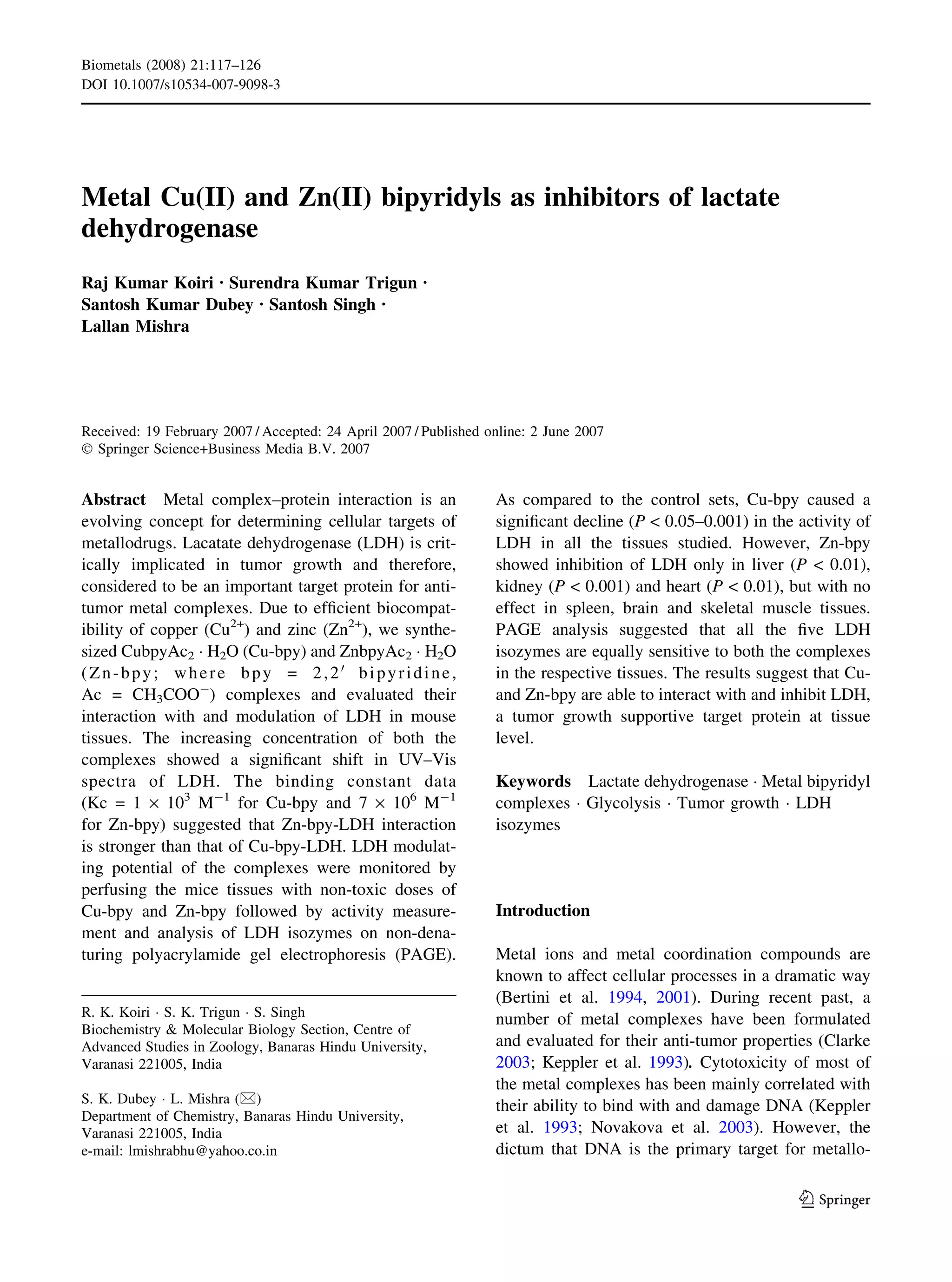Metal cu(ii) and zn(ii) bipyridyls as inhibitors of lactate | PDF
