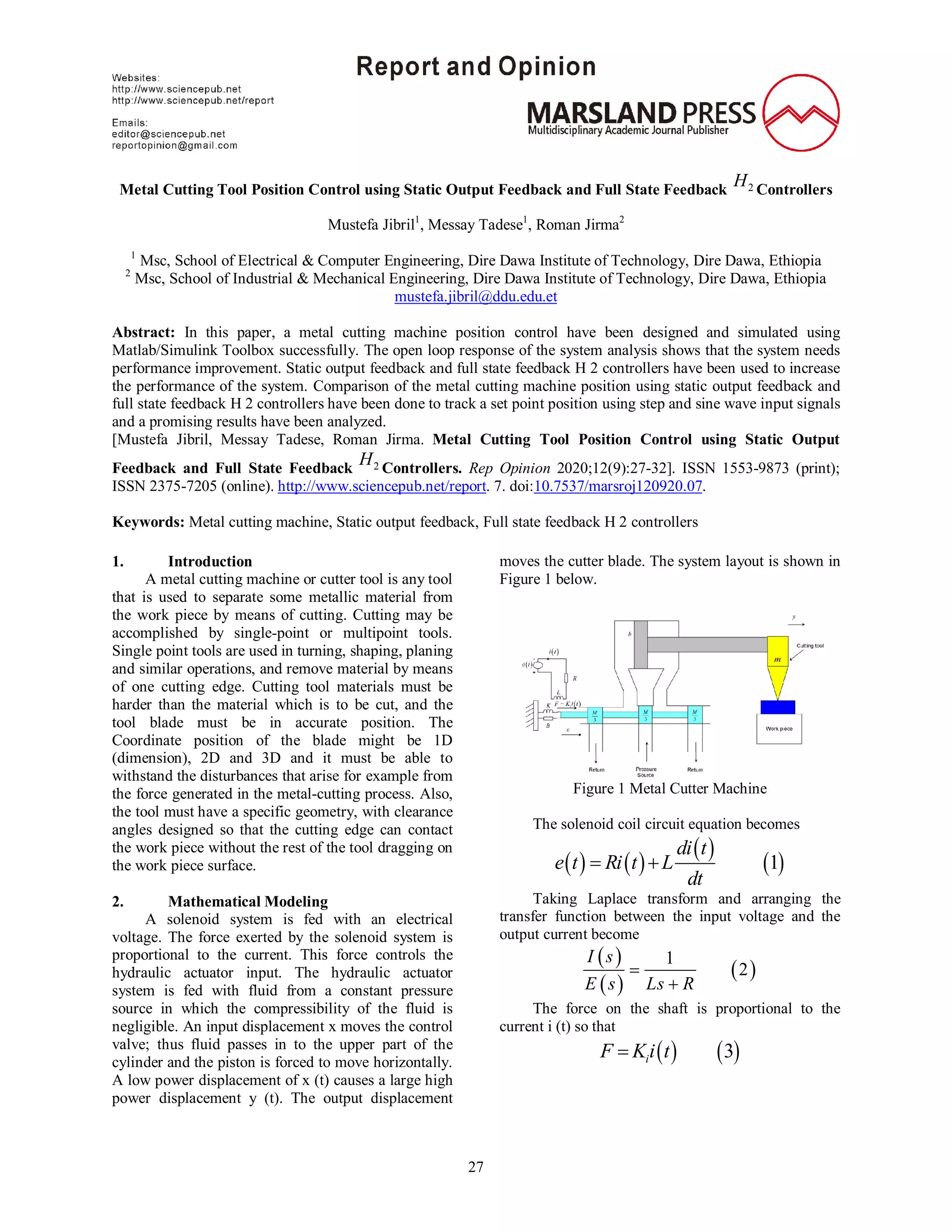 Metal cutting tool position control using static output feedback and ...