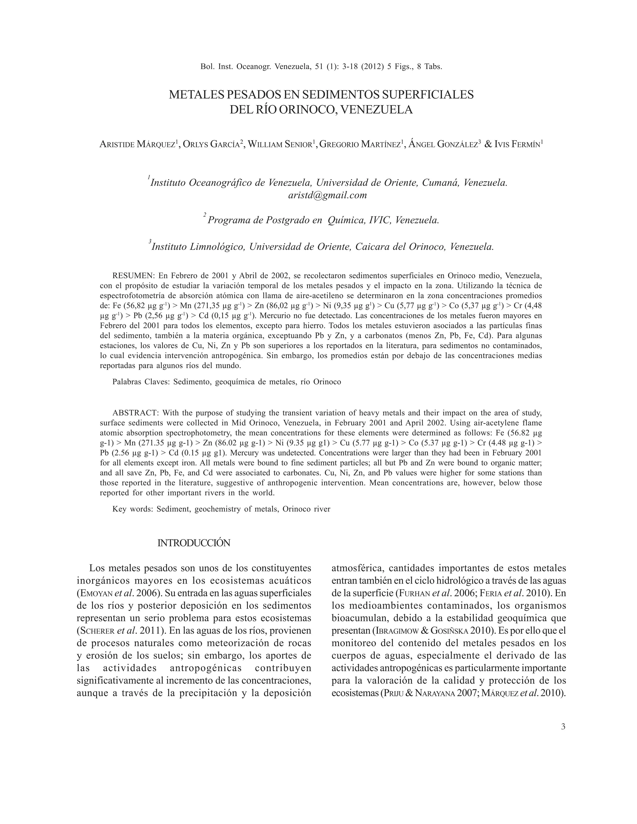 METALES PESADOS EN SEDIMENTOS SUPERFICIALES DEL RÍO ORINOCO, VENEZUELA ...