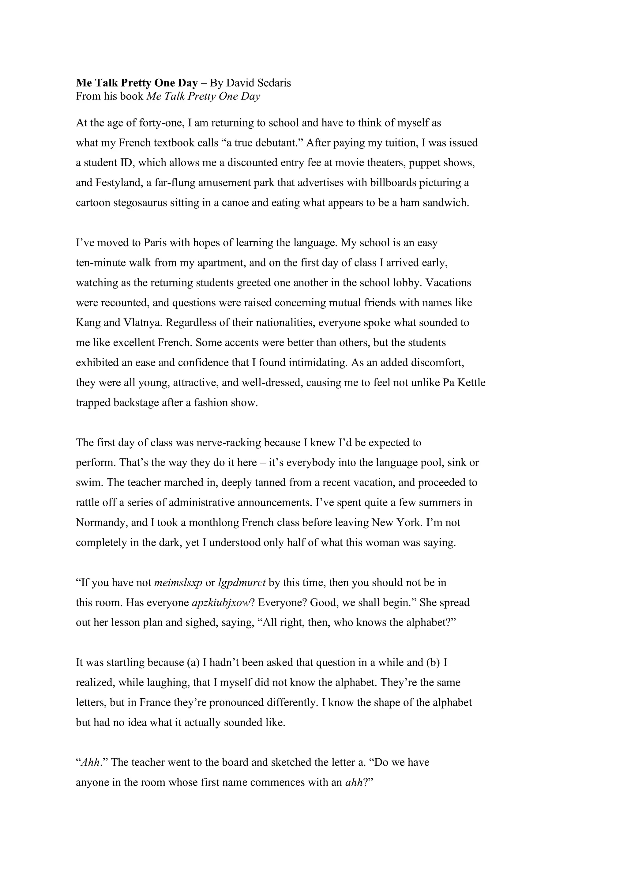 Me Talk Pretty One Day by David Sedaris | PDF