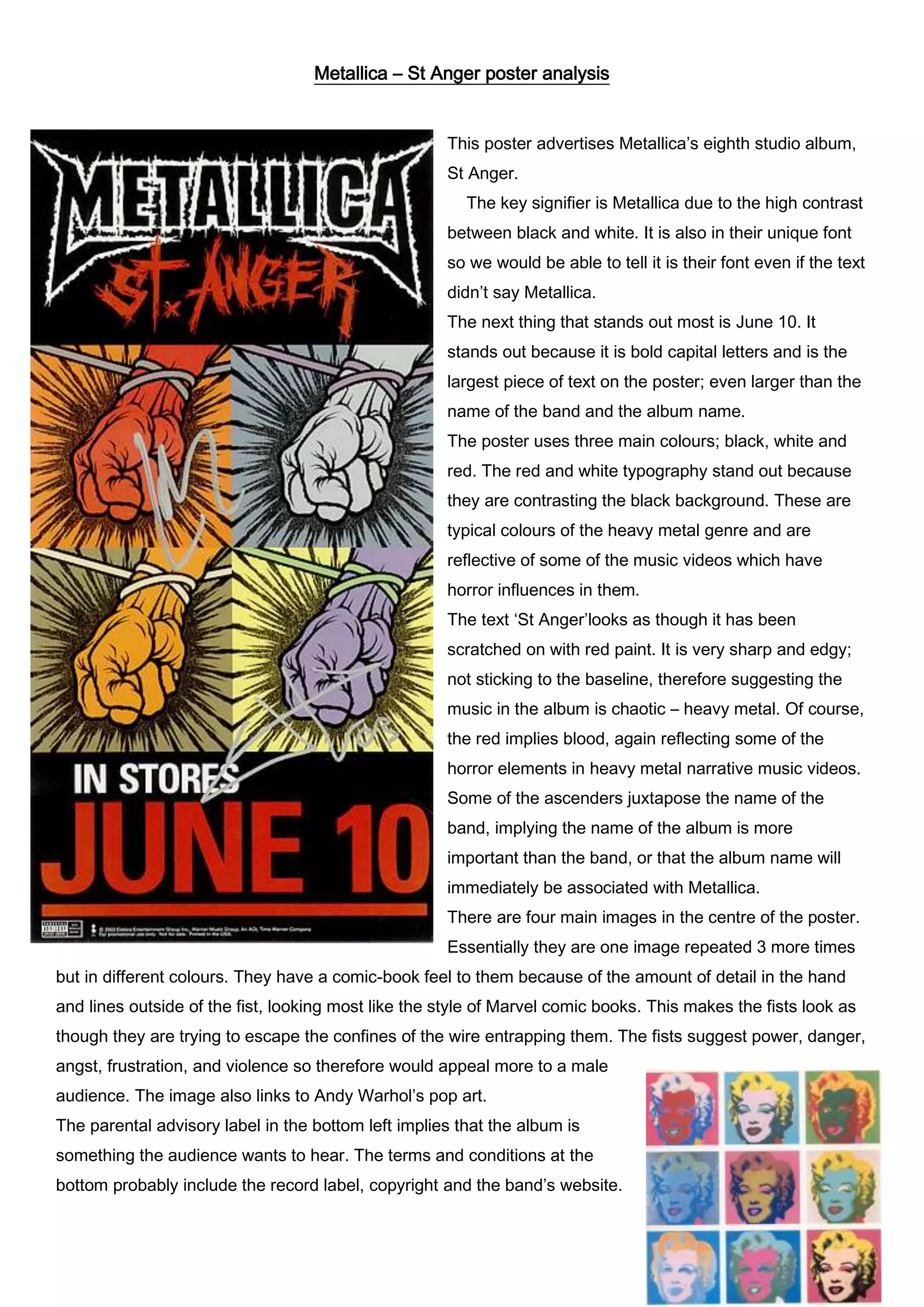 Analysis of Metallica - St Anger promotional poster | DOCX