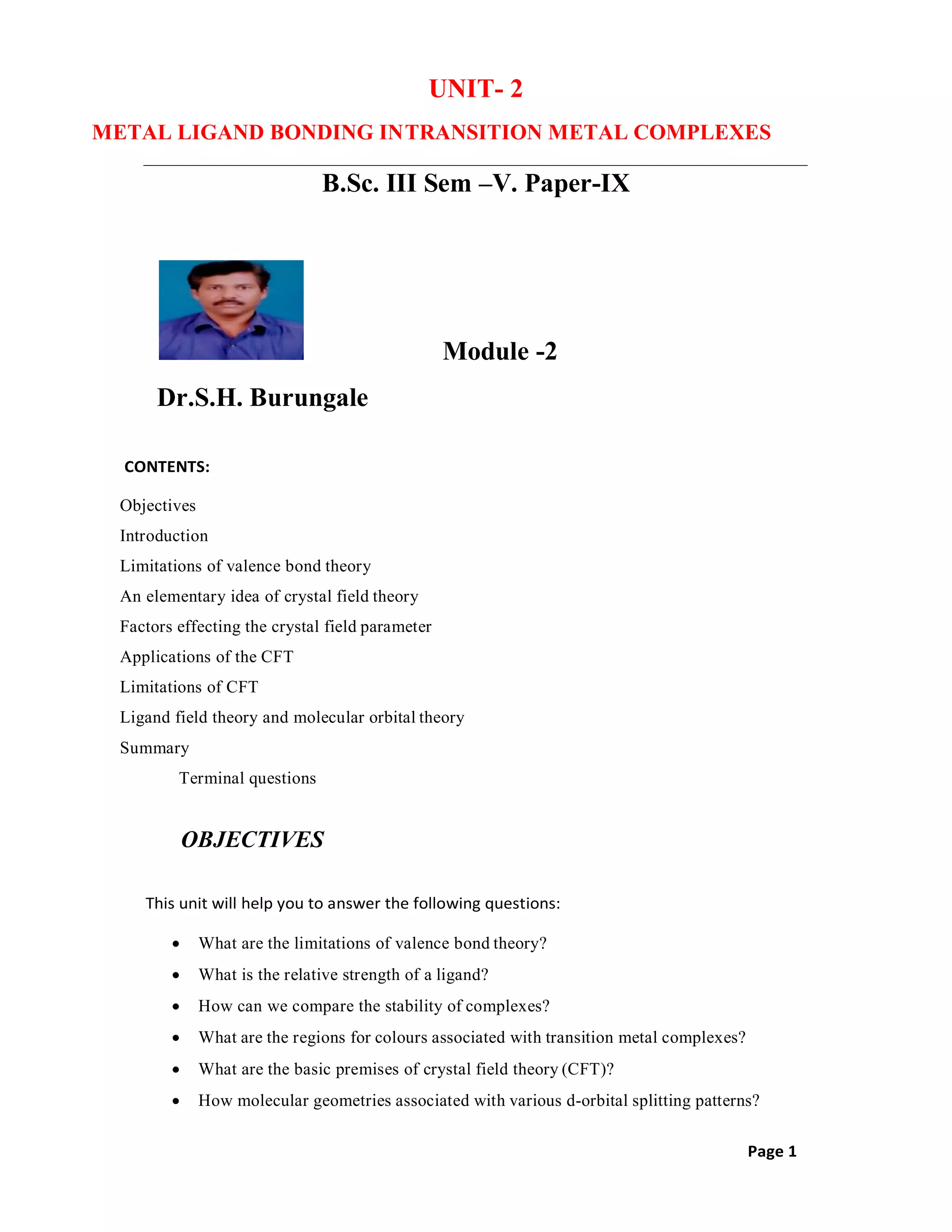 Metal Ligand Bonding in Transition metal complexes | PDF