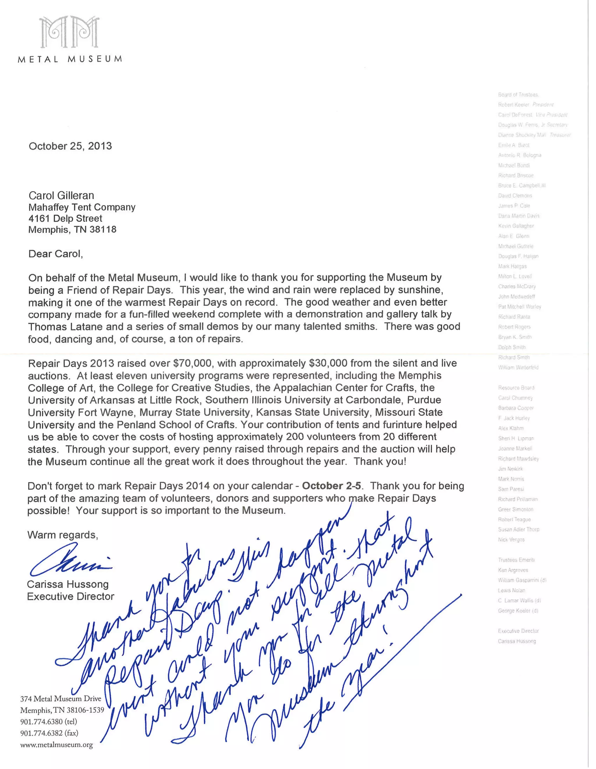 Metal Museum letter [testimonial] - Mahaffey Event Rentals | PDF
