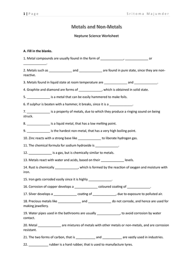 CBSE - Grade 8 - Science - Chemistry - Metals and Non Metals - Worksheet | PDF