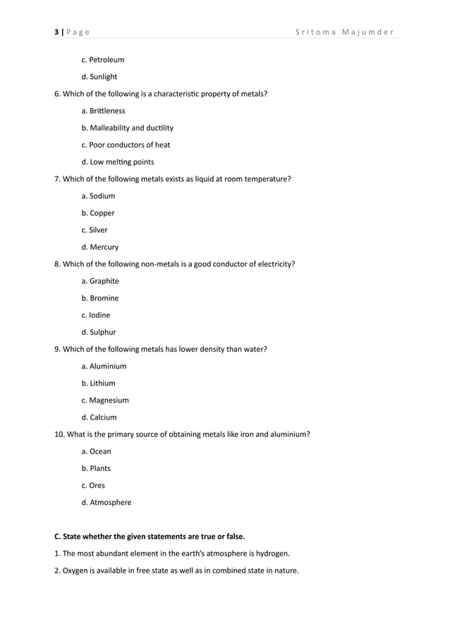 CBSE - Grade 8 - Science - Chemistry - Metals and Non Metals - Worksheet | PDF