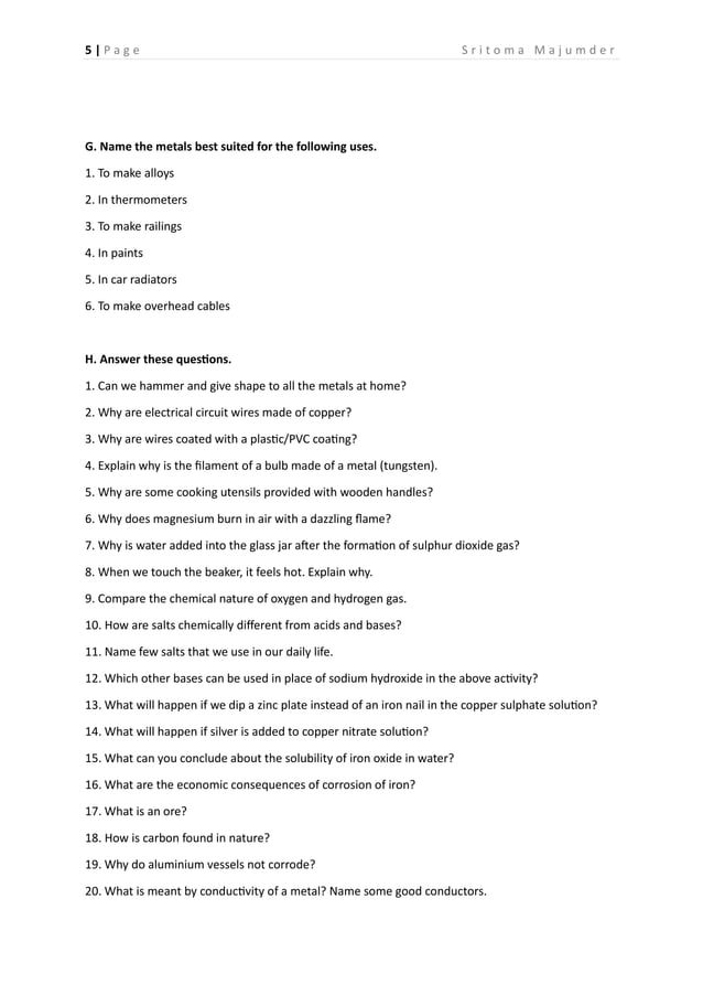 CBSE - Grade 8 - Science - Chemistry - Metals and Non Metals - Worksheet | PDF