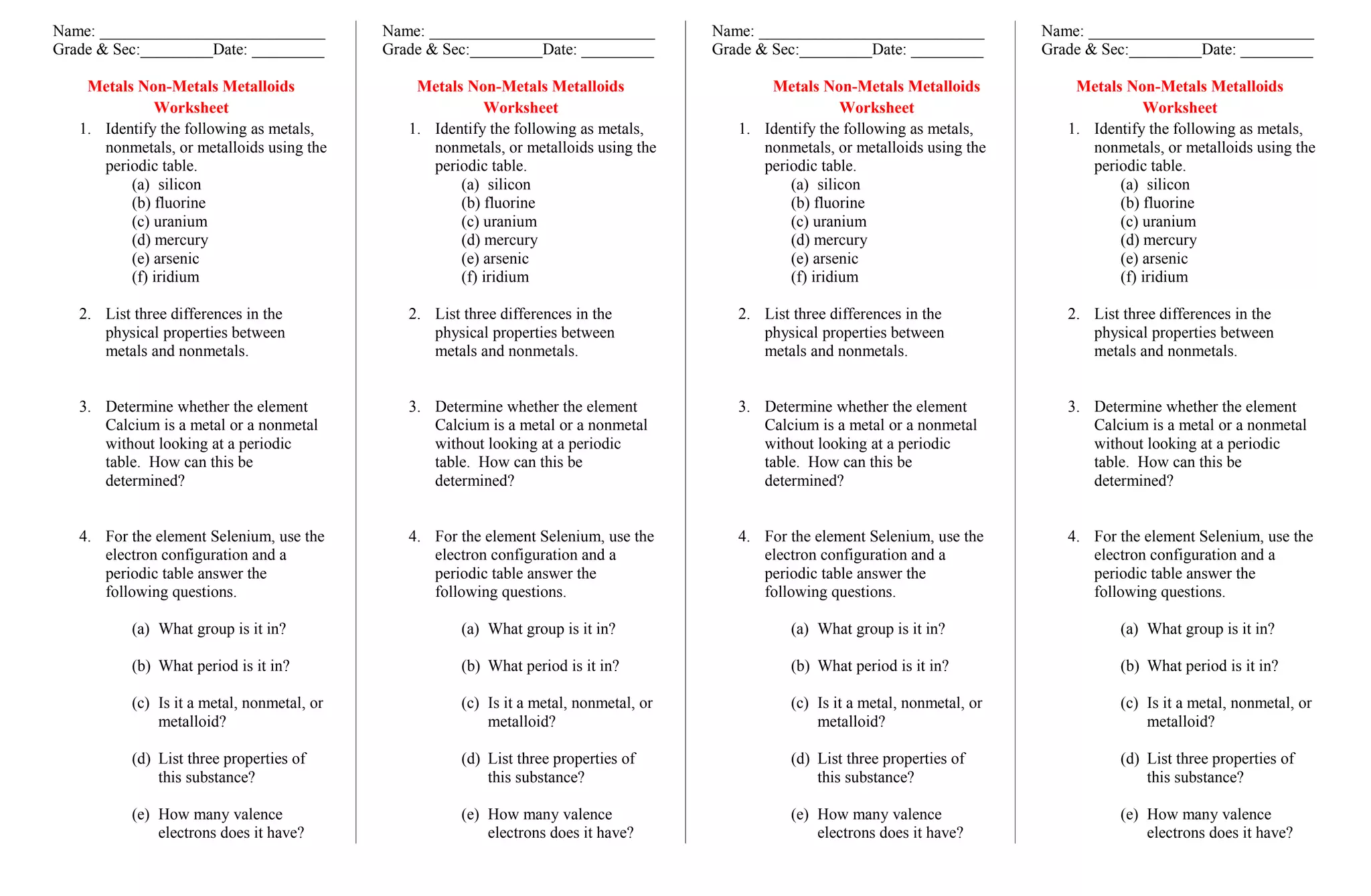 Metals Non-Metals Metalloids Worksheet | PPT