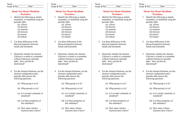 Metals Non-Metals Metalloids Worksheet | PPT