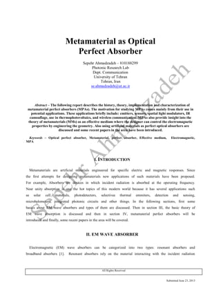 Using Metamaterial as Optical Perfect Absorber | PDF | Physics | Science