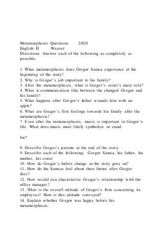 Metamorphosis Questions 2020 English II Weaver | PDF