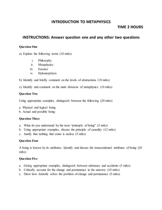 Metaphysics exams | DOCX | Education