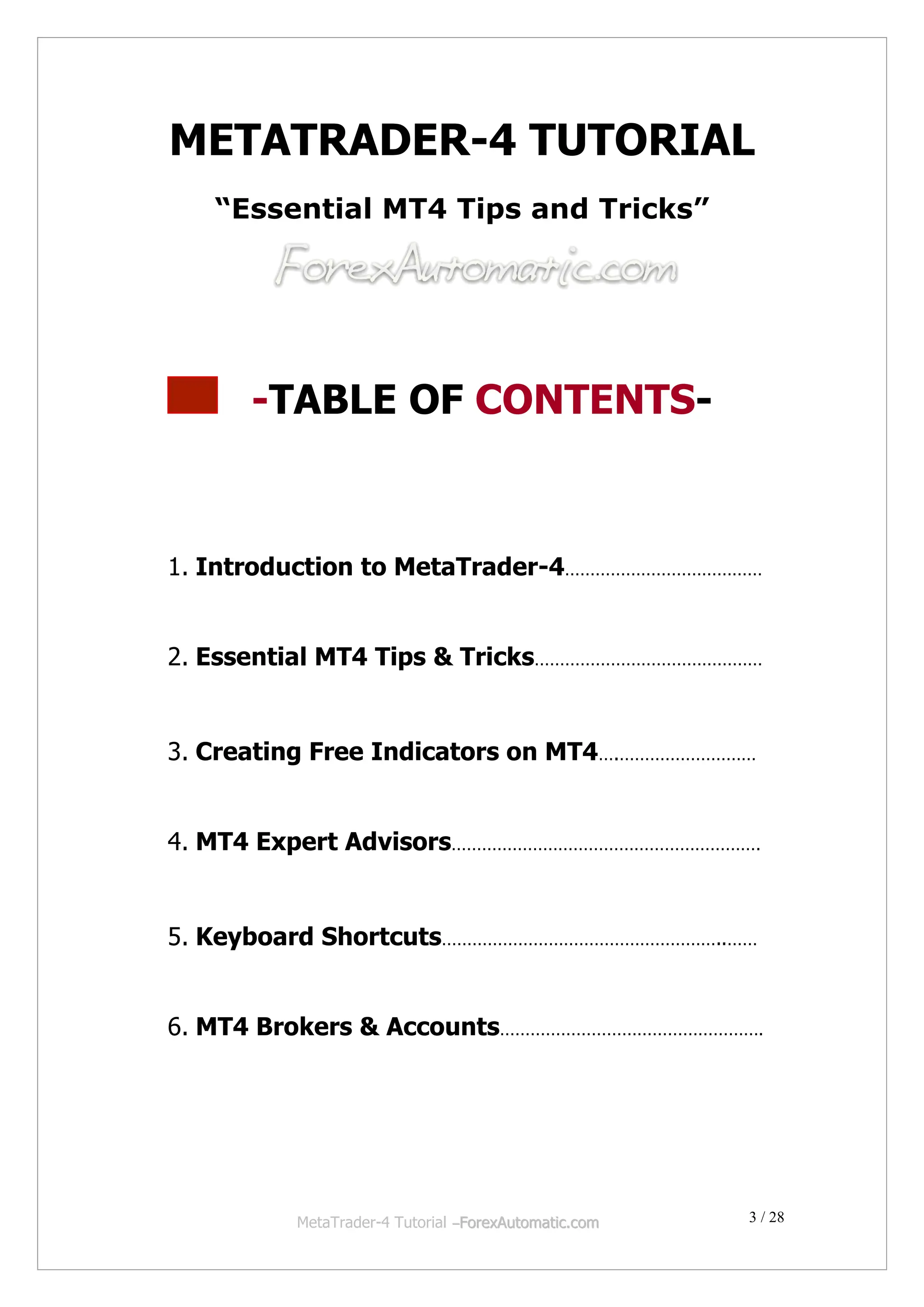 The MetaTrader-4 (MT4) Trading Tutorial -Essential Tips and Tricks for Forex and CFD Traders | PDF