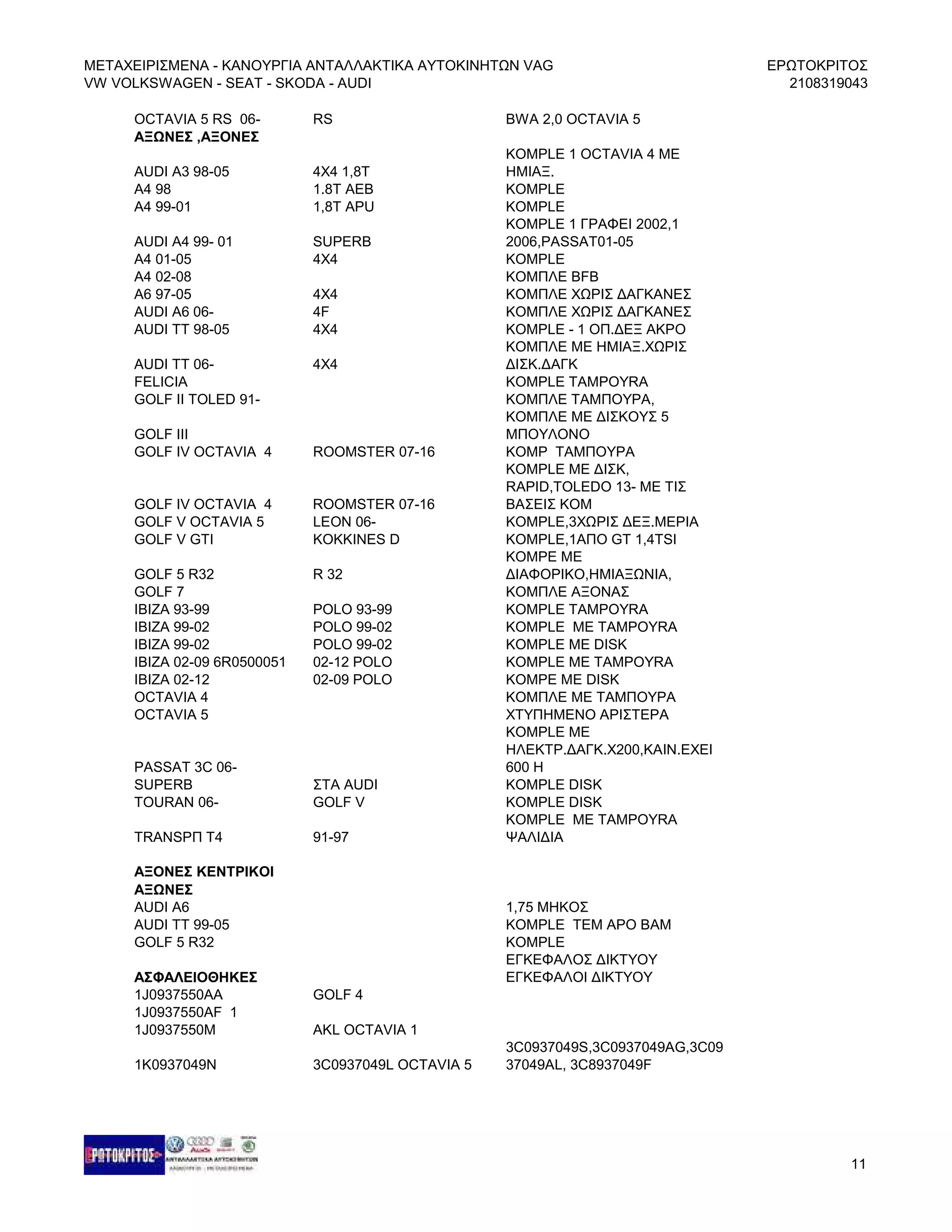 ΑΝΤΑΛΛΑΚΤΙΚΑ VW SEAT SKODA AUDI - VOLKSWAGEN GROUP - ΜΕΤΑΧΕΙΡΙΣΜΕΝΑ ΚΑΙ ...