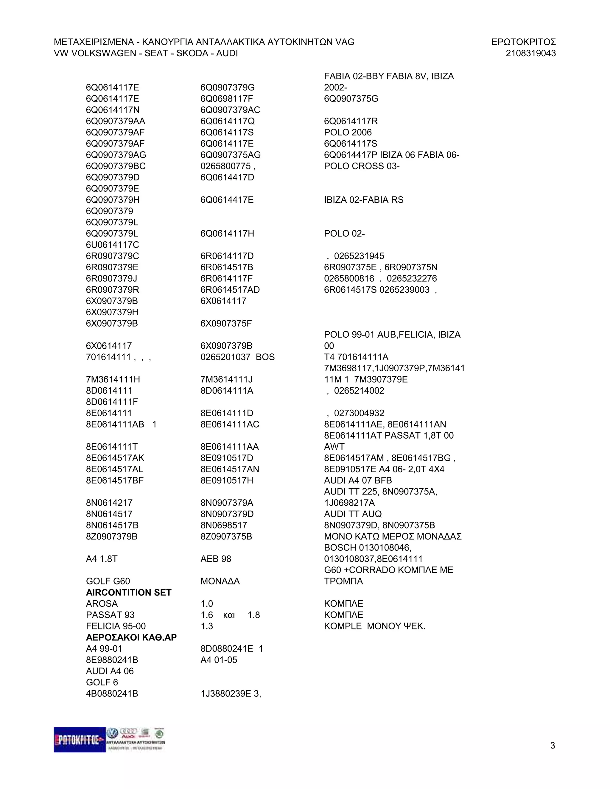 ΑΝΤΑΛΛΑΚΤΙΚΑ VW SEAT SKODA AUDI - VOLKSWAGEN GROUP - ΜΕΤΑΧΕΙΡΙΣΜΕΝΑ ΚΑΙ ...