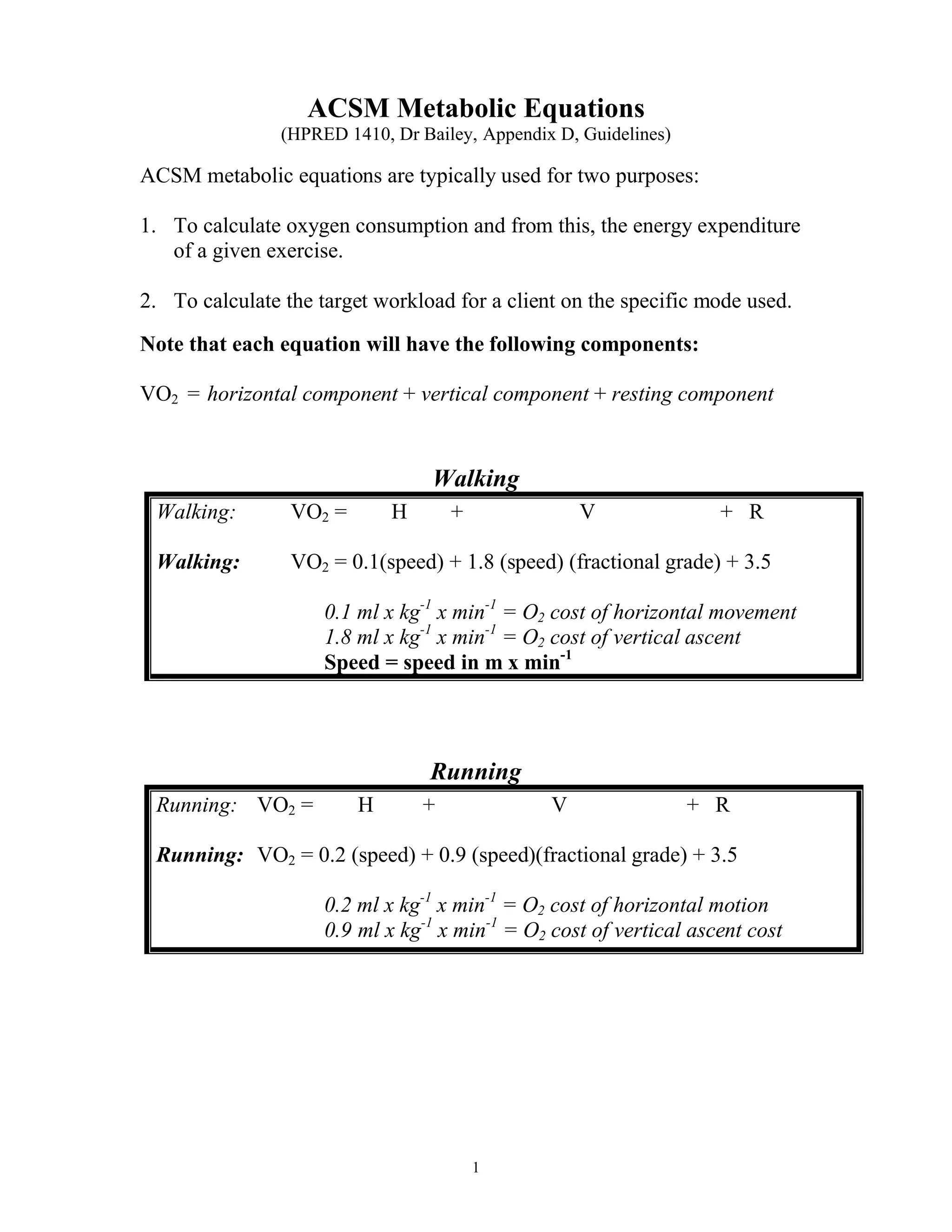ACSM Metabolic Equations | PDF