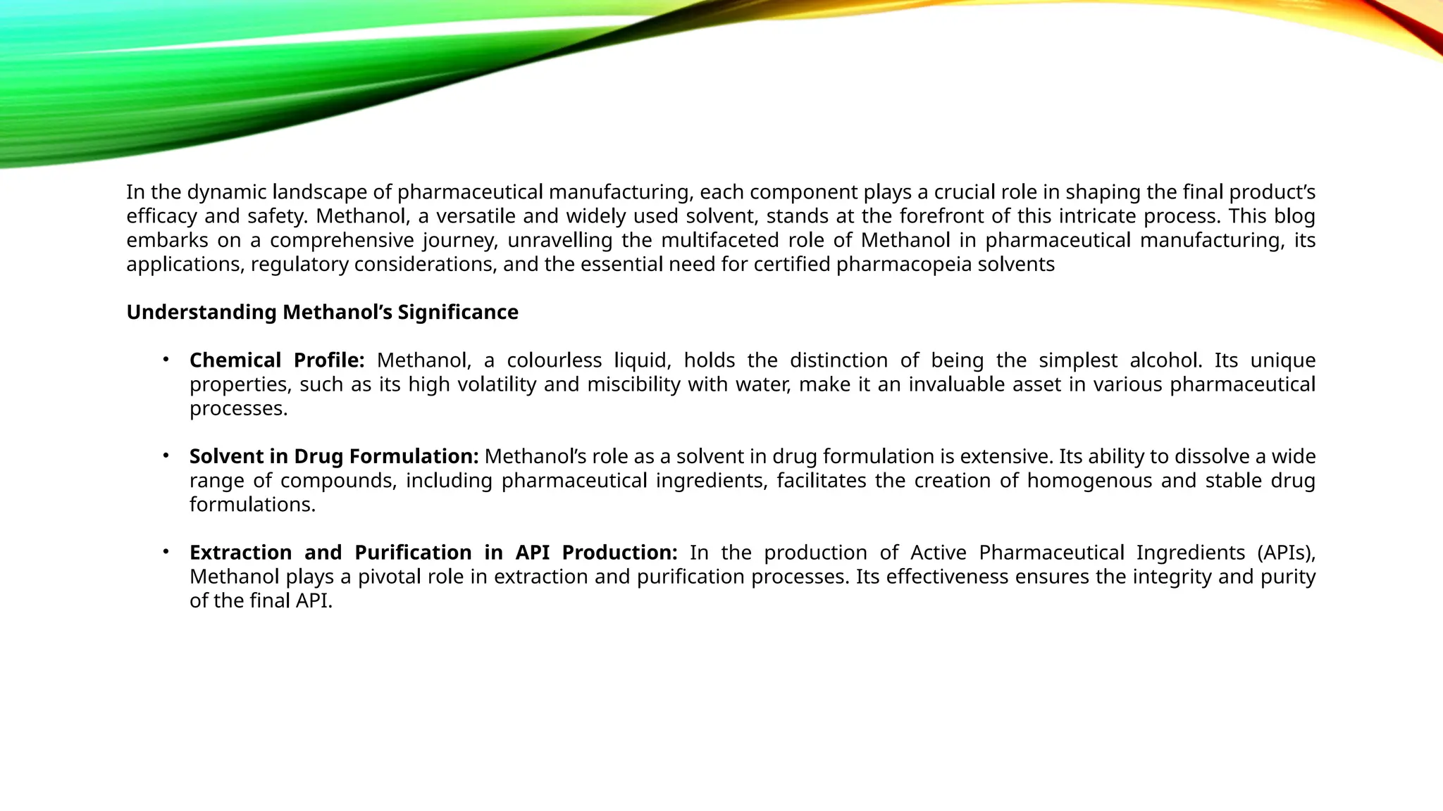 Role of methanol in sustainable pharmaceutical processes | PPTX