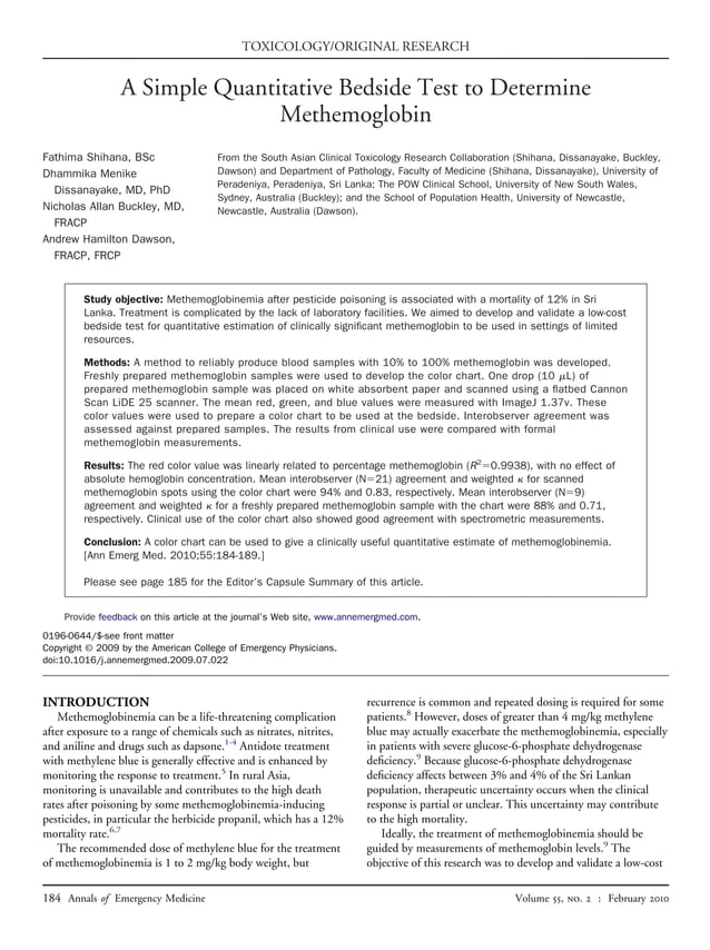 A Simple Quantitative Bedside Test to Determine Methemoglobin | PDF
