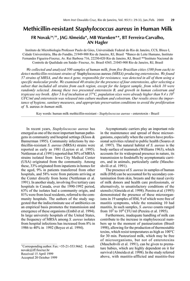 Methicillin Resistant Staphylococcus Aureus In Human Milk | PDF