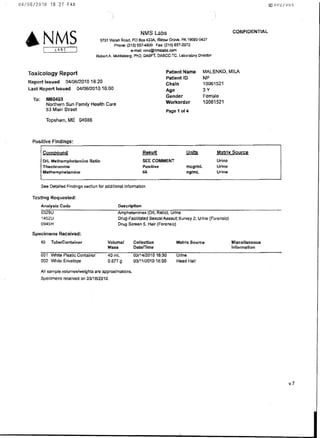 Meth lab result 56ng of meth in mila's urine nms lab april 2010 | PDF