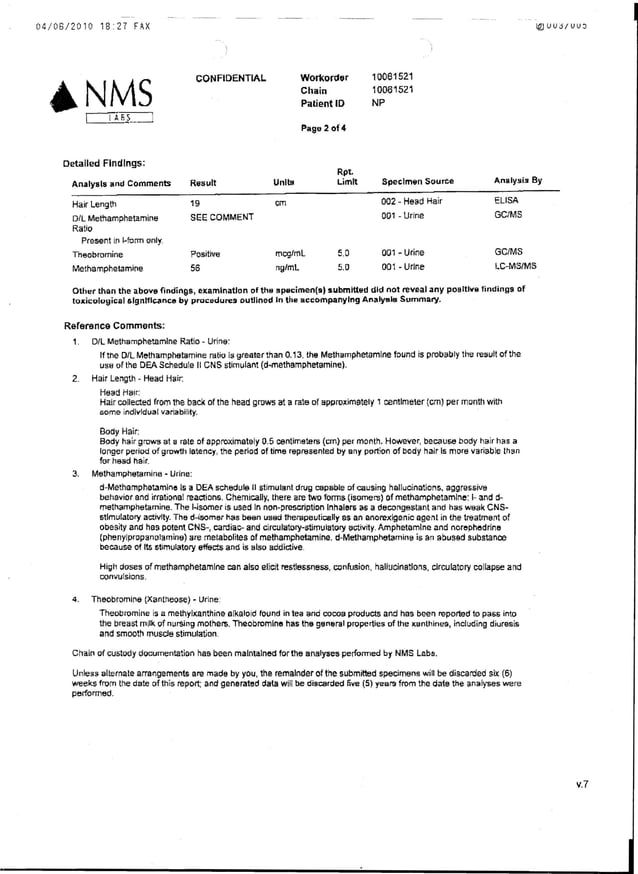 Meth lab result 56ng of meth in mila's urine nms lab april 2010 | PDF