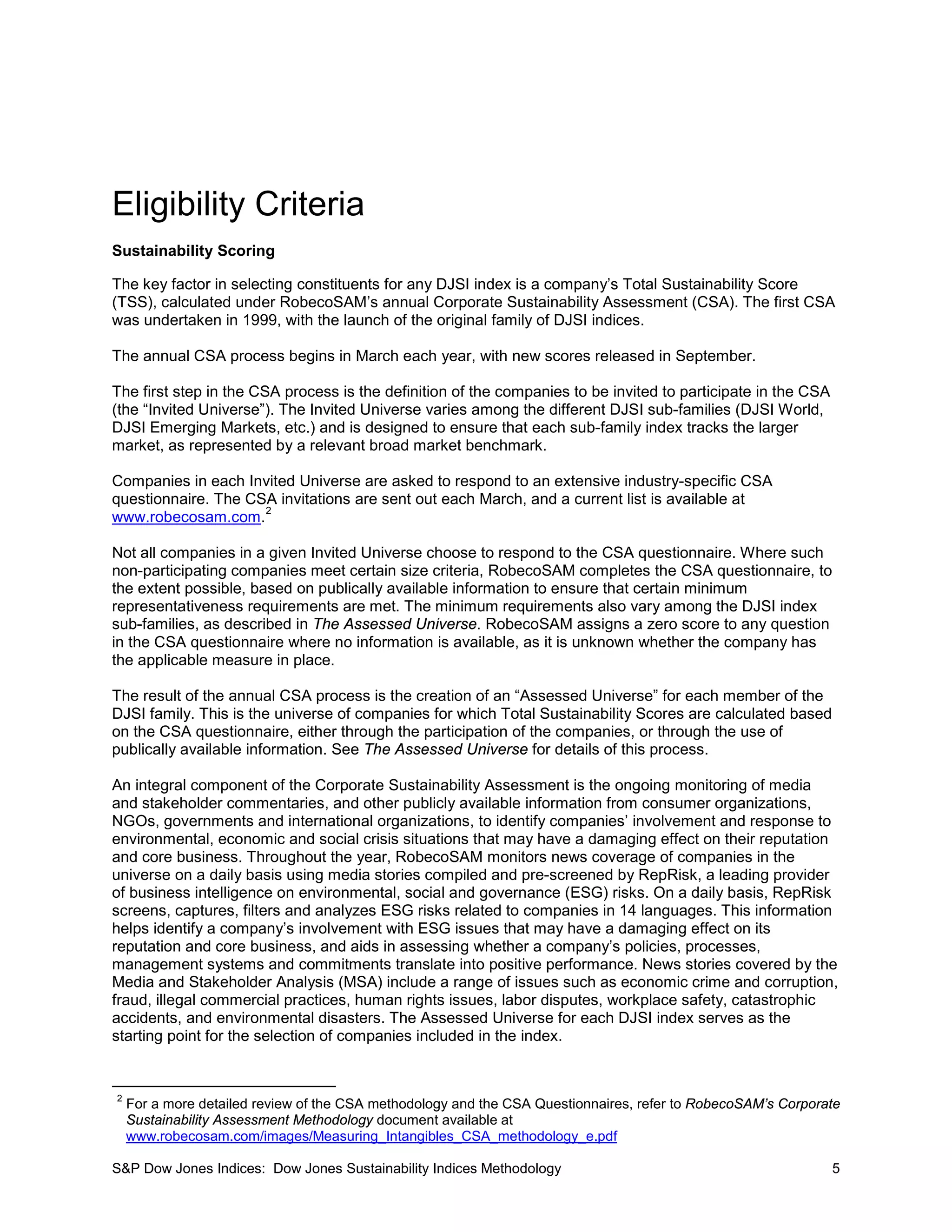 Dow Jones Sustainability Indices Methodology | PDF