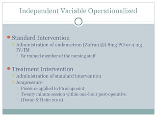 Effect of Acupressure on Relief of Nausea in Post-Operative Patients | PPT