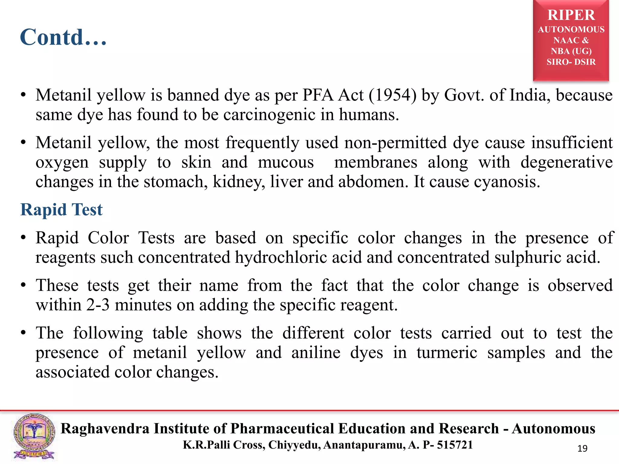 Methods of Detection of Natural, Permitted and Non Permitted Dyes | PPTX
