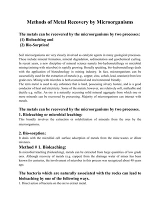 Methods of metal recovery by microorganisms | PDF