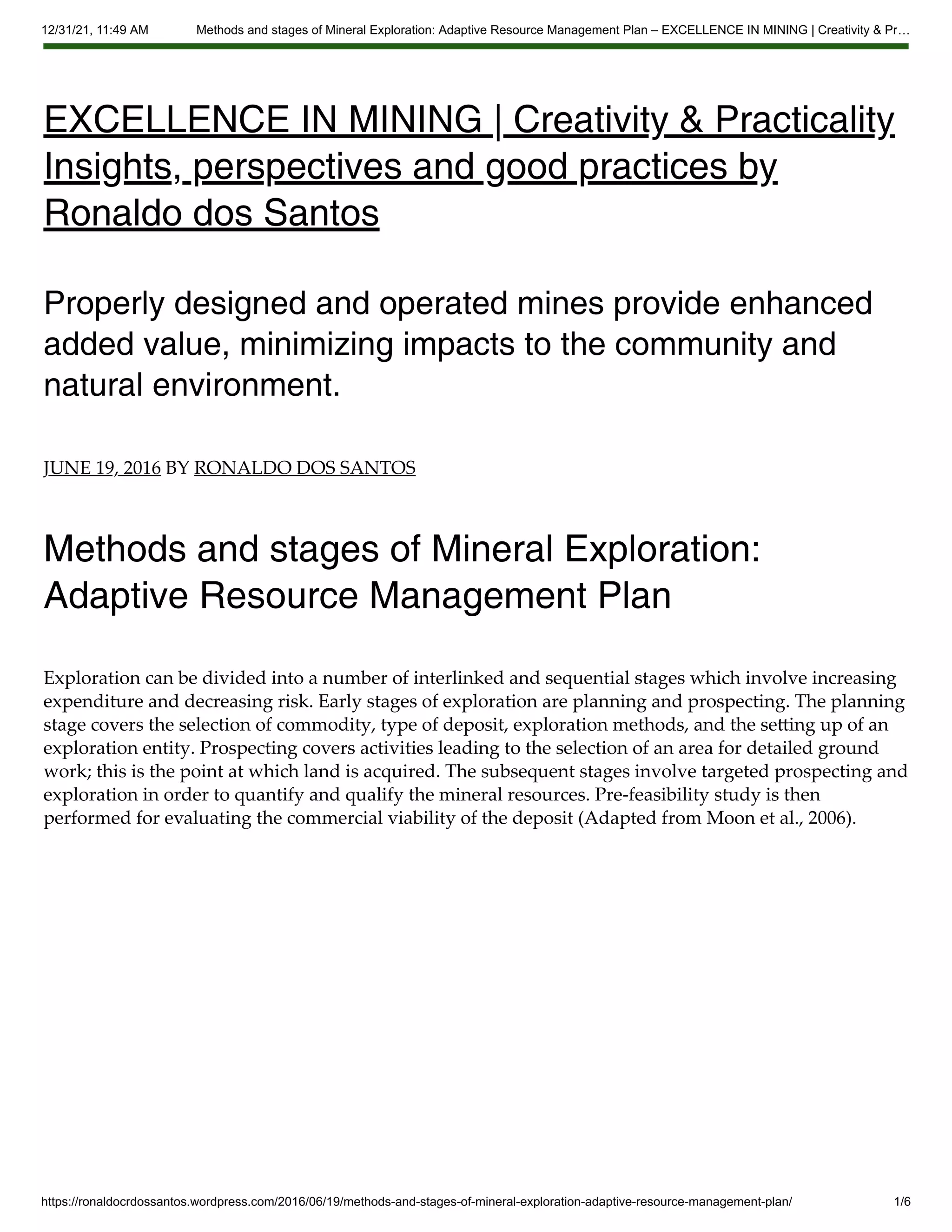 Methods and stages of Mineral Exploration: Adaptive Resource Management ...