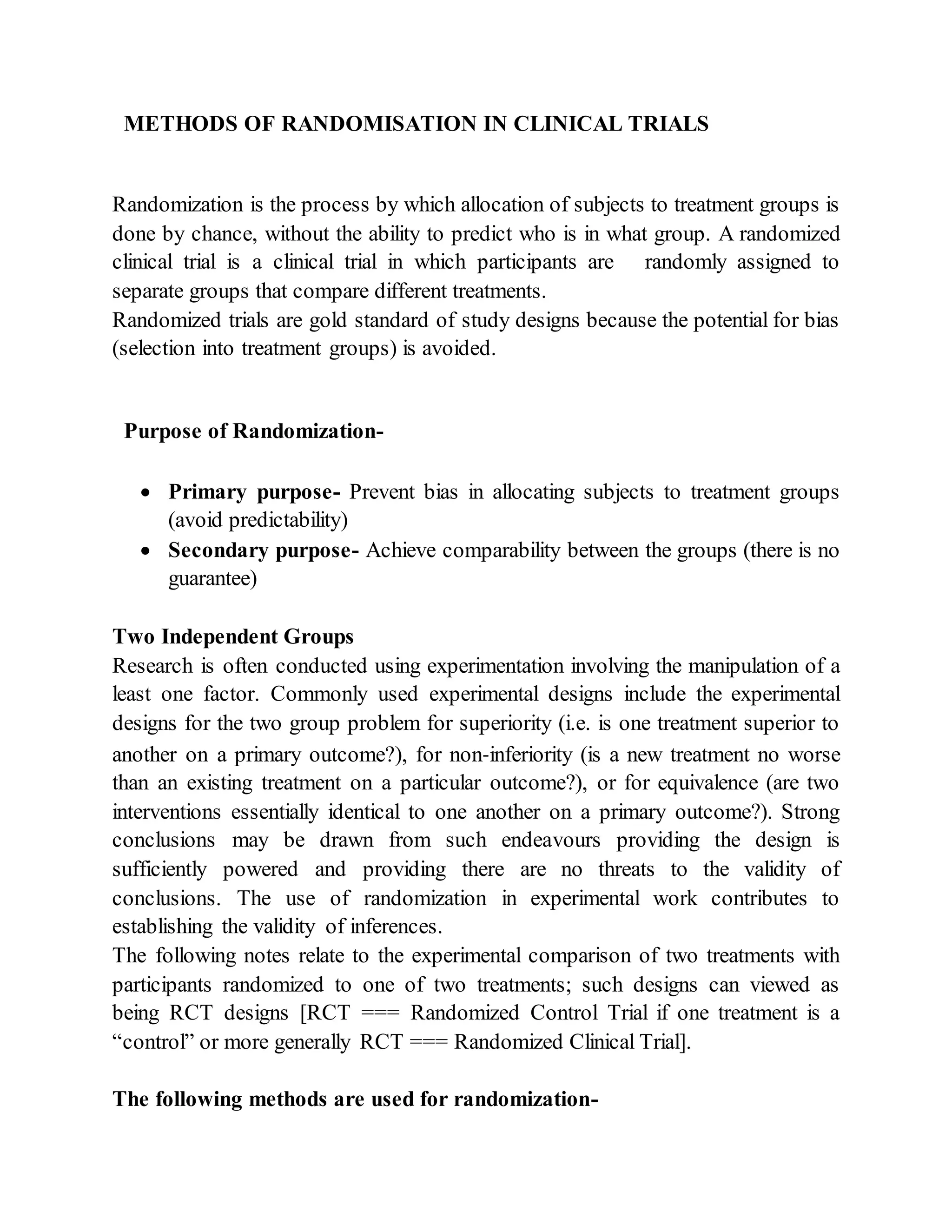 Methods of randomisation in clinical trials | DOCX