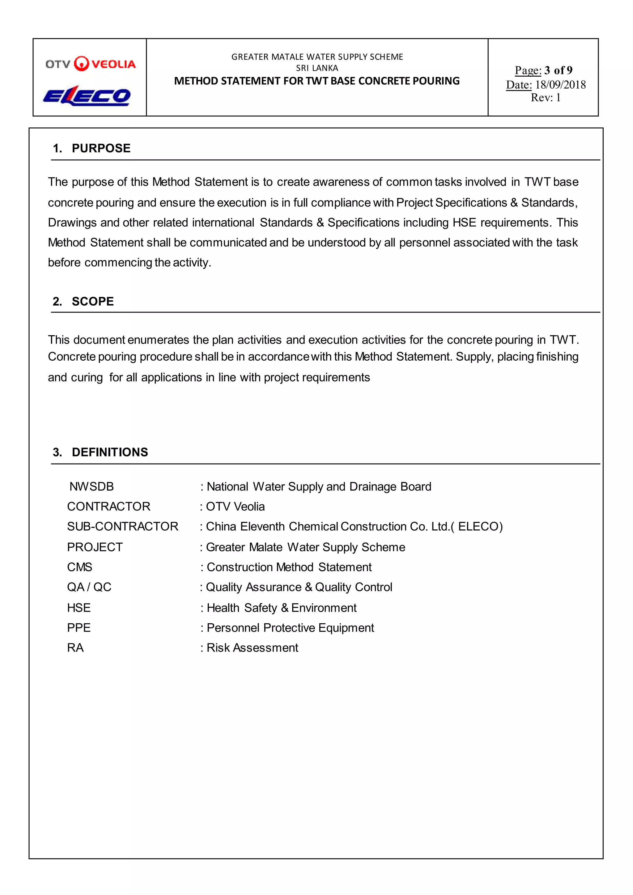 Method statement tank base concrete pouring | DOCX