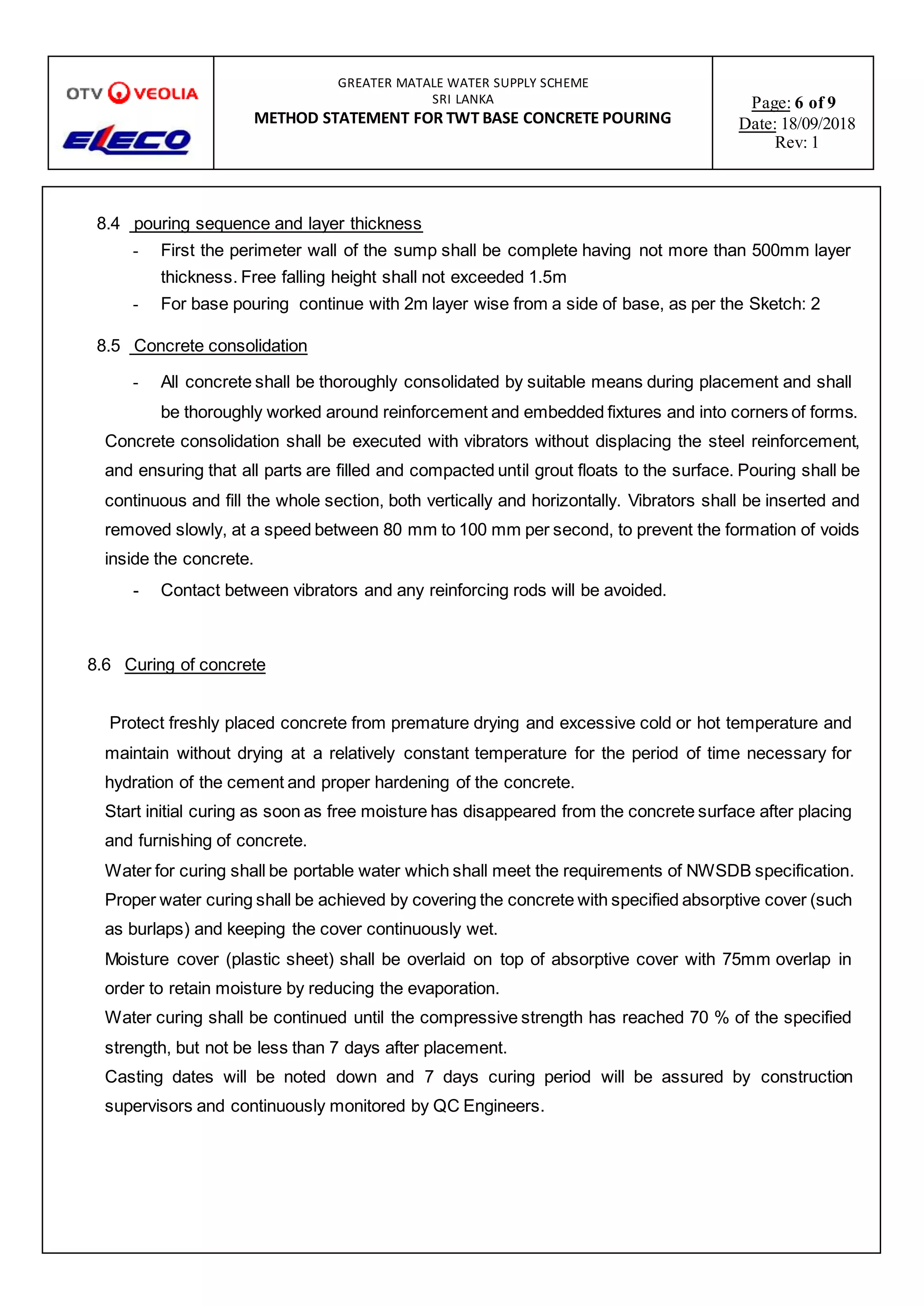 Method statement tank base concrete pouring | DOCX