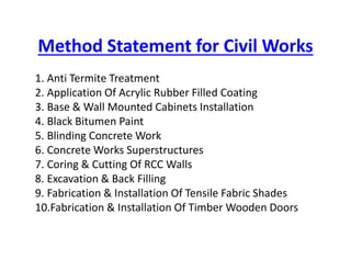 Method statement for civil works | PDF