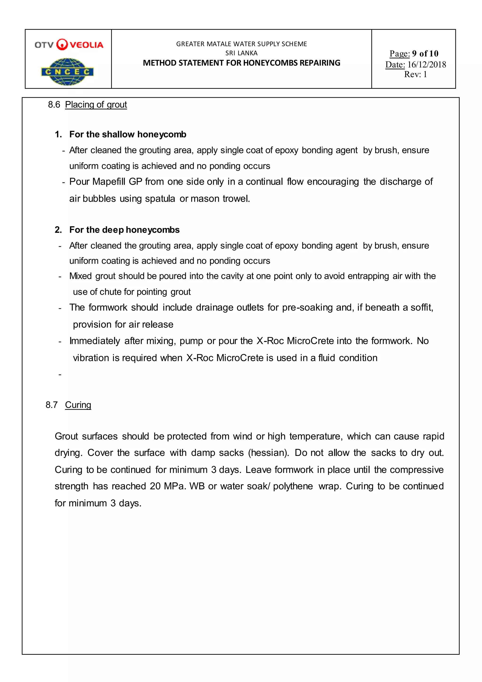Method statement honycomb repairing | DOCX