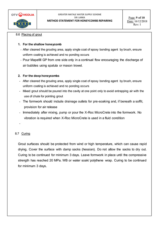 Method statement honycomb repairing | DOCX
