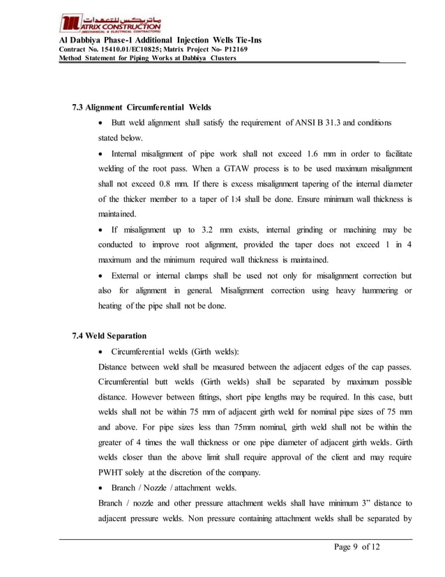 Method of statement piping works | DOCX