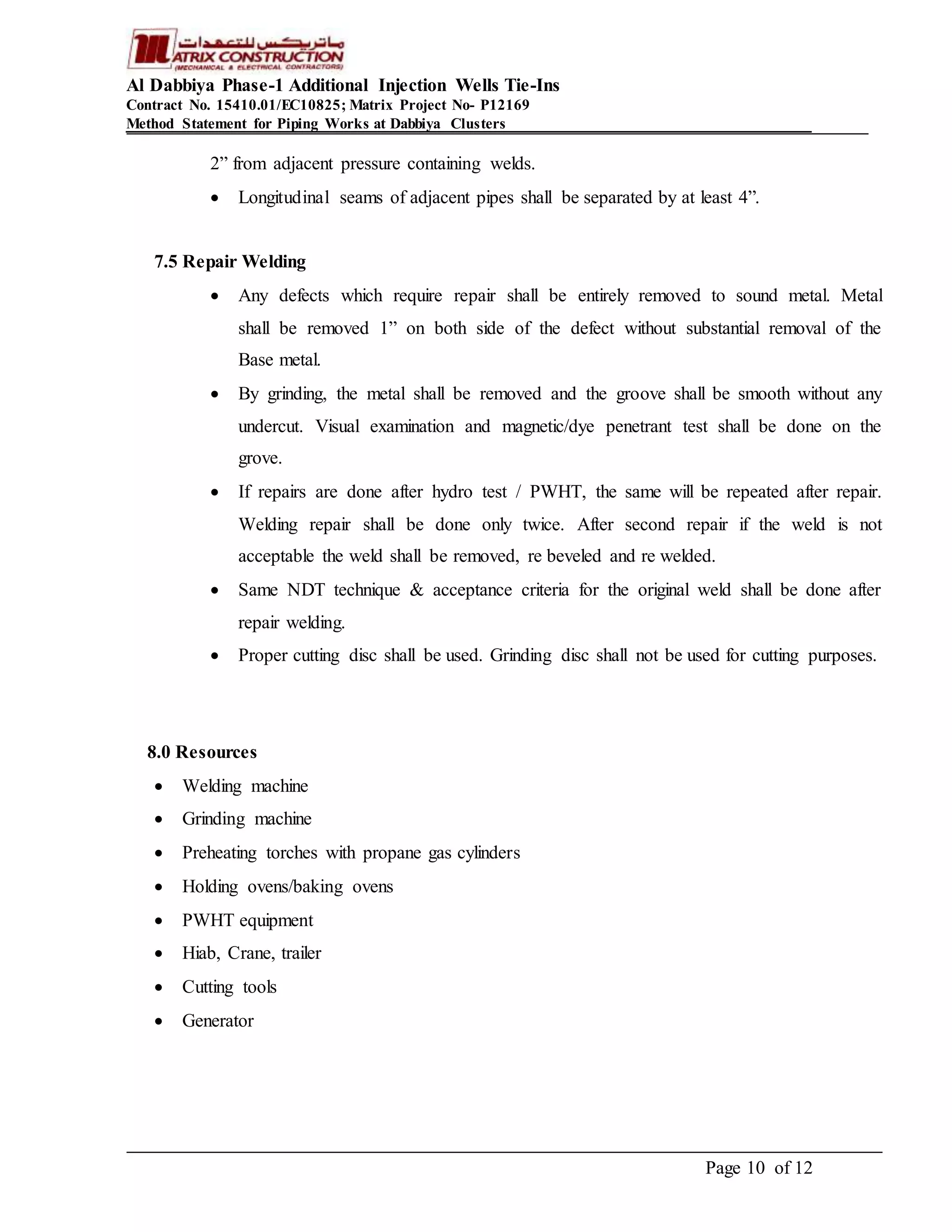 Method statement piping works | DOCX
