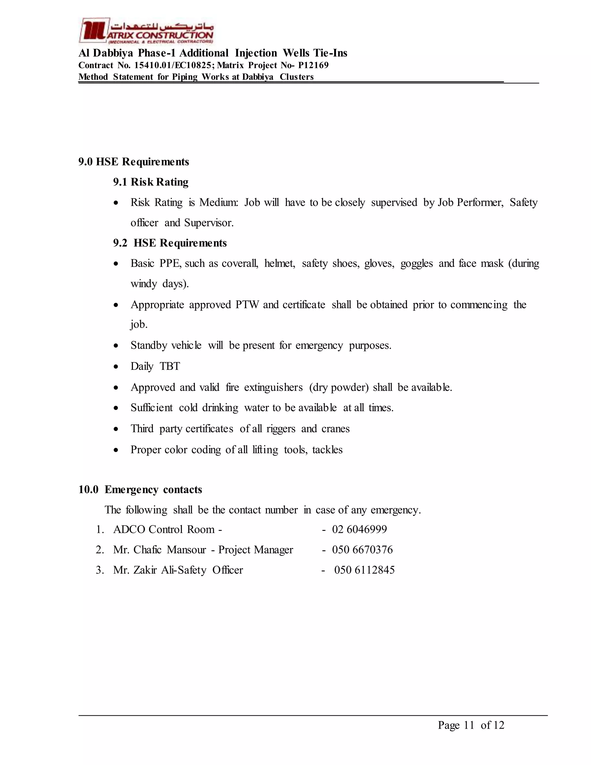 Method statement piping works | DOCX