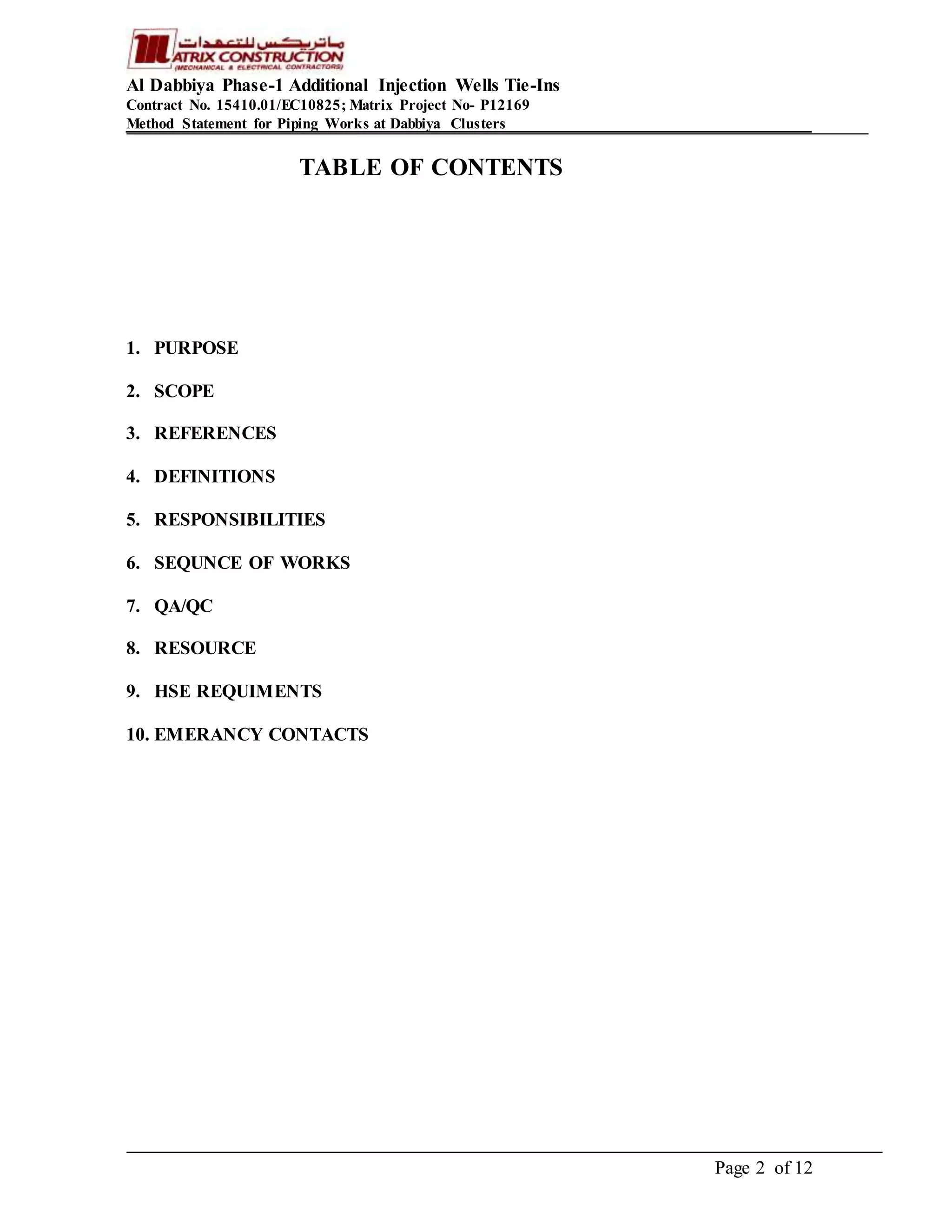 Method statement piping works | DOCX