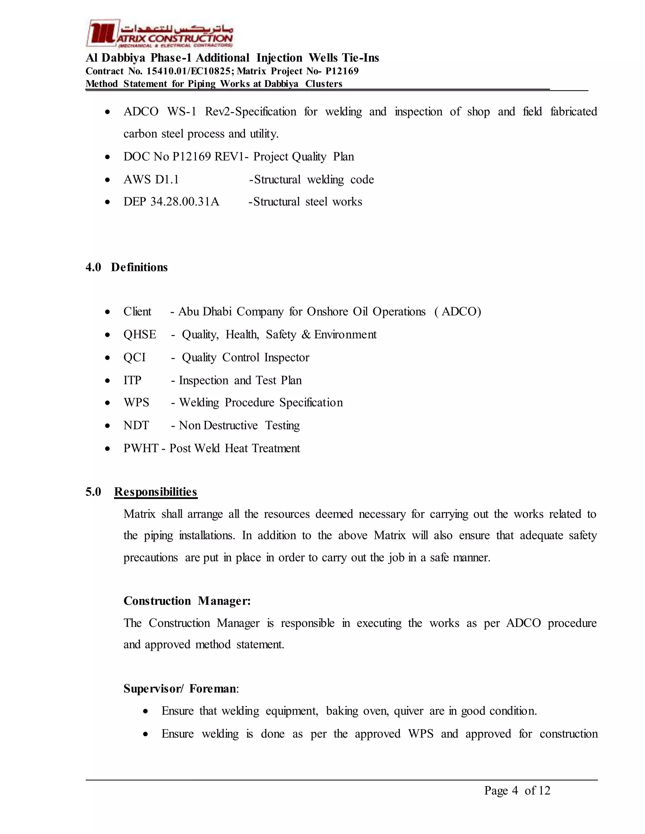 Method statement piping works | DOCX