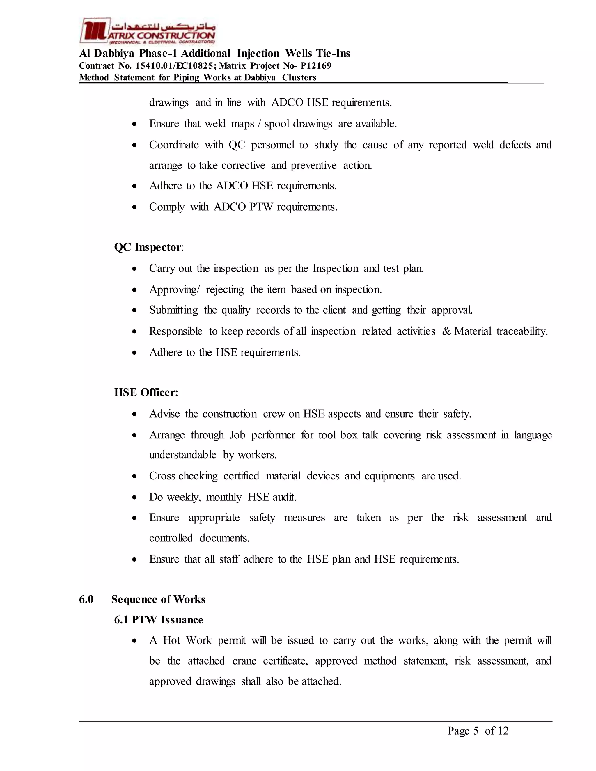 Method statement piping works | DOCX