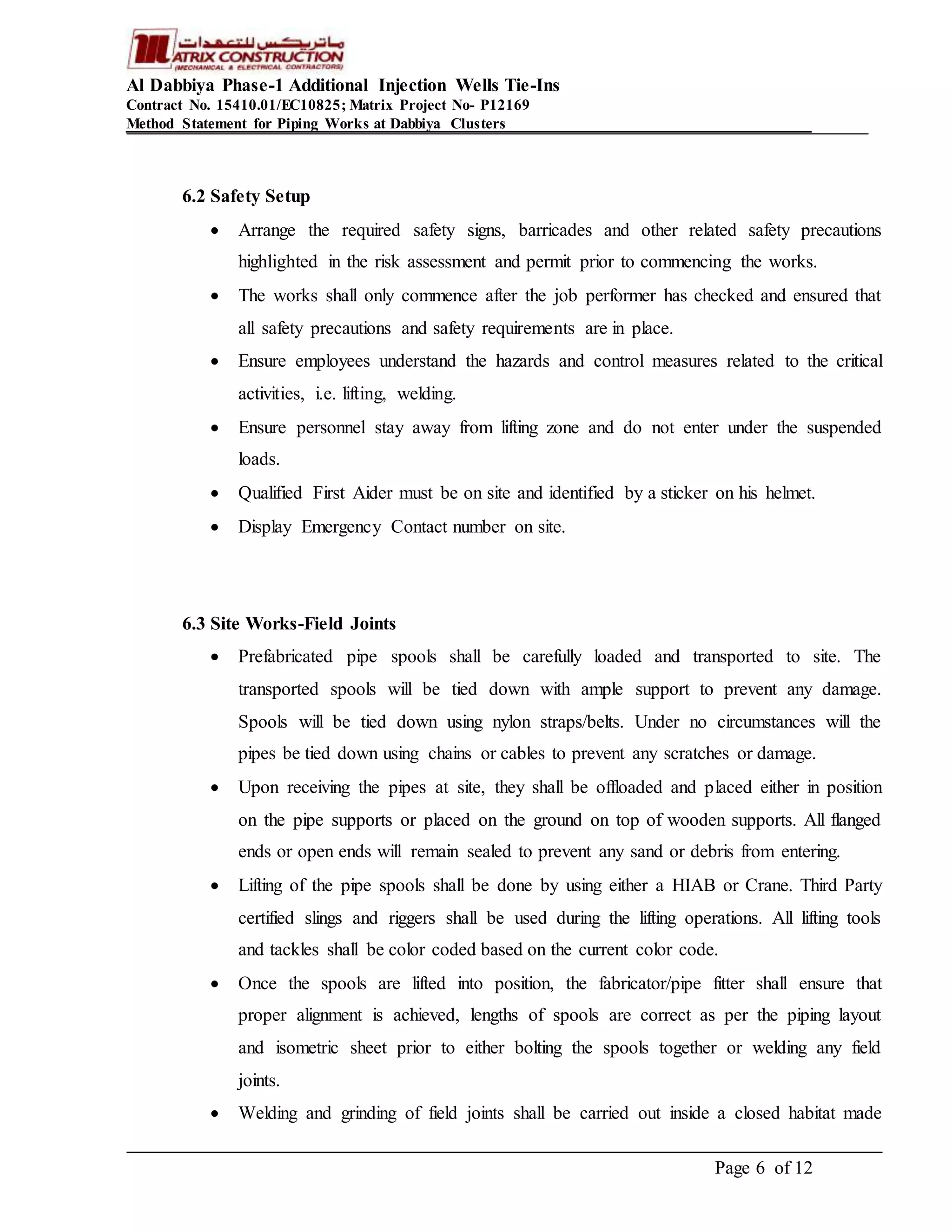 Method statement piping works | DOCX