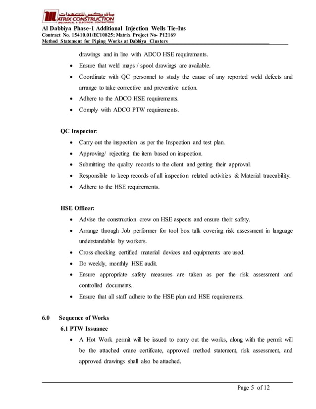 Method statement piping works | DOCX | First Aid | Injuries