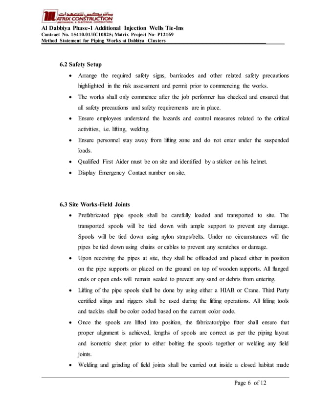 Method statement piping works | DOCX | First Aid | Injuries