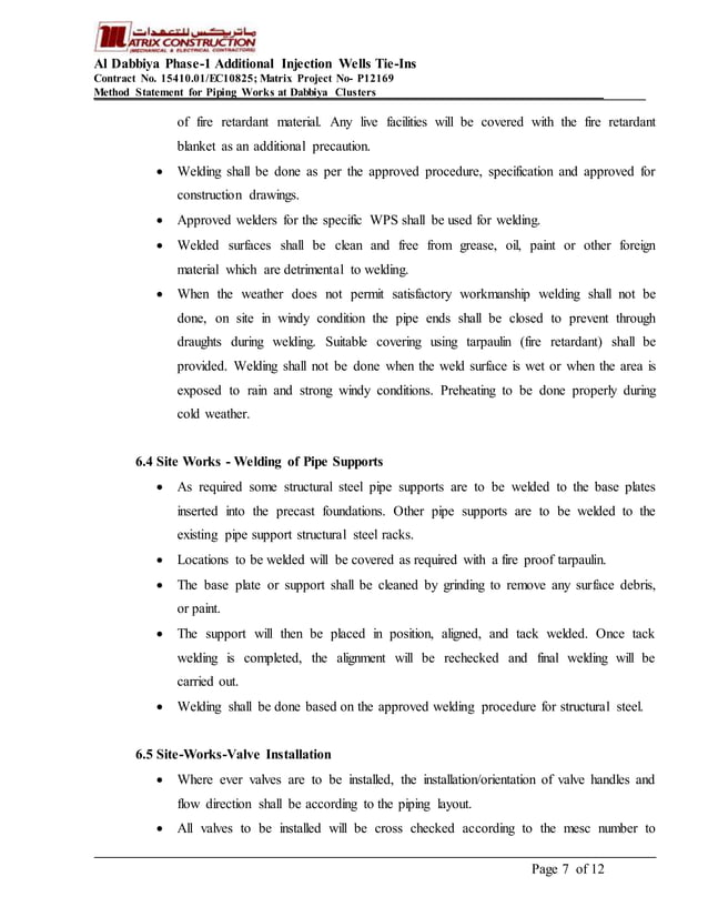 Method statement piping works | DOCX | First Aid | Injuries