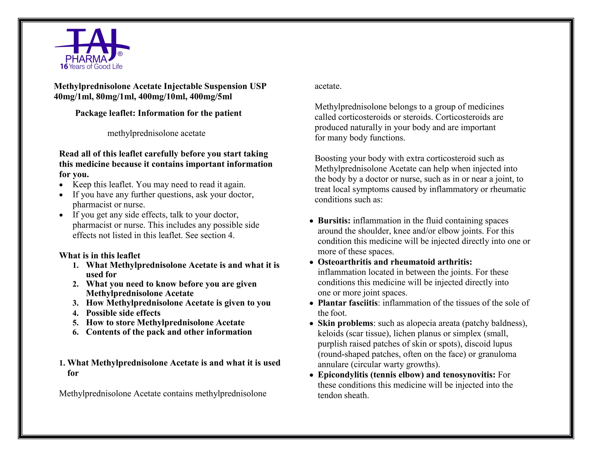 Methylprednisolone Acetate Injectable suspension USP Taj Pharma PIL | PDF