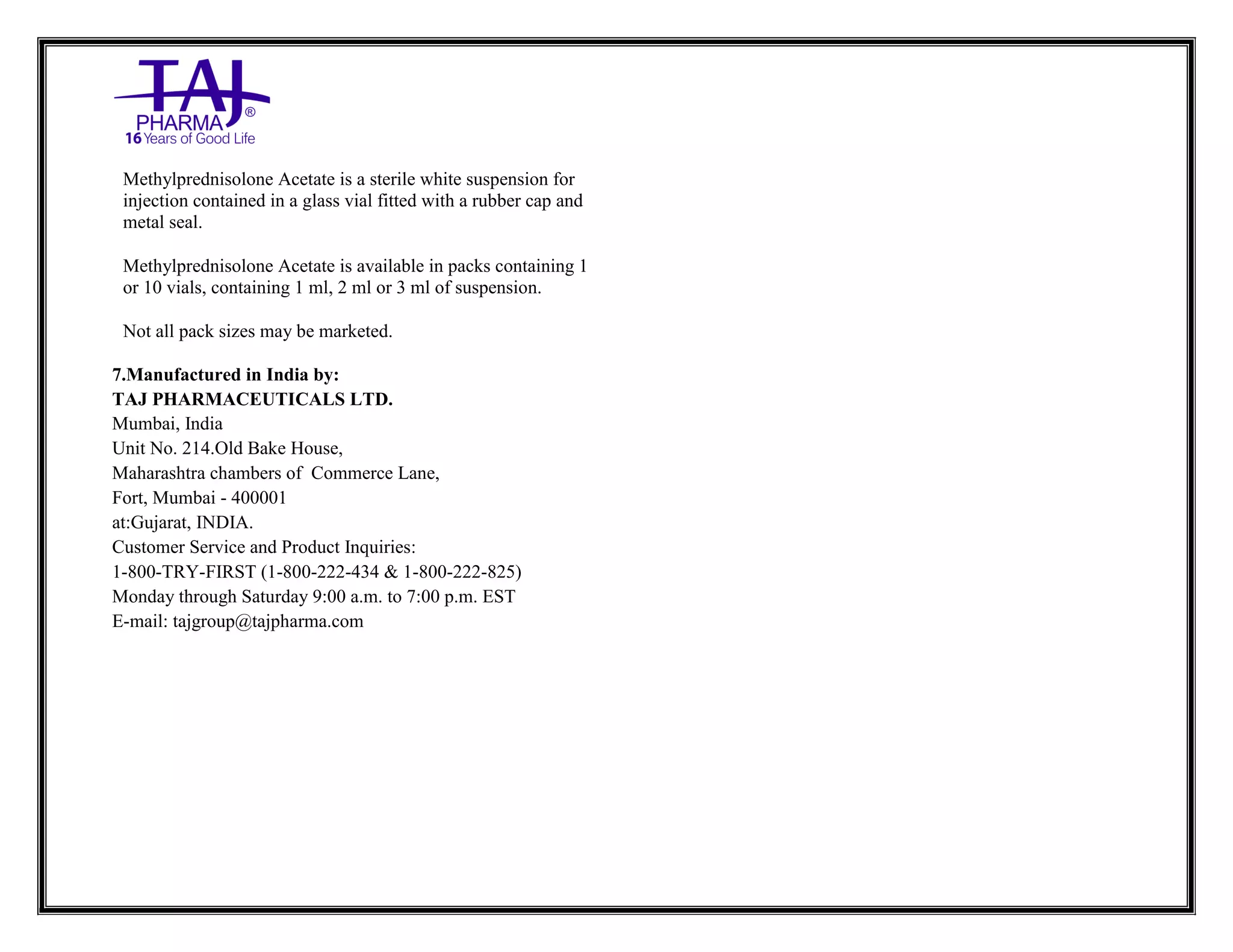 Methylprednisolone Acetate Injectable suspension USP Taj Pharma PIL | PDF