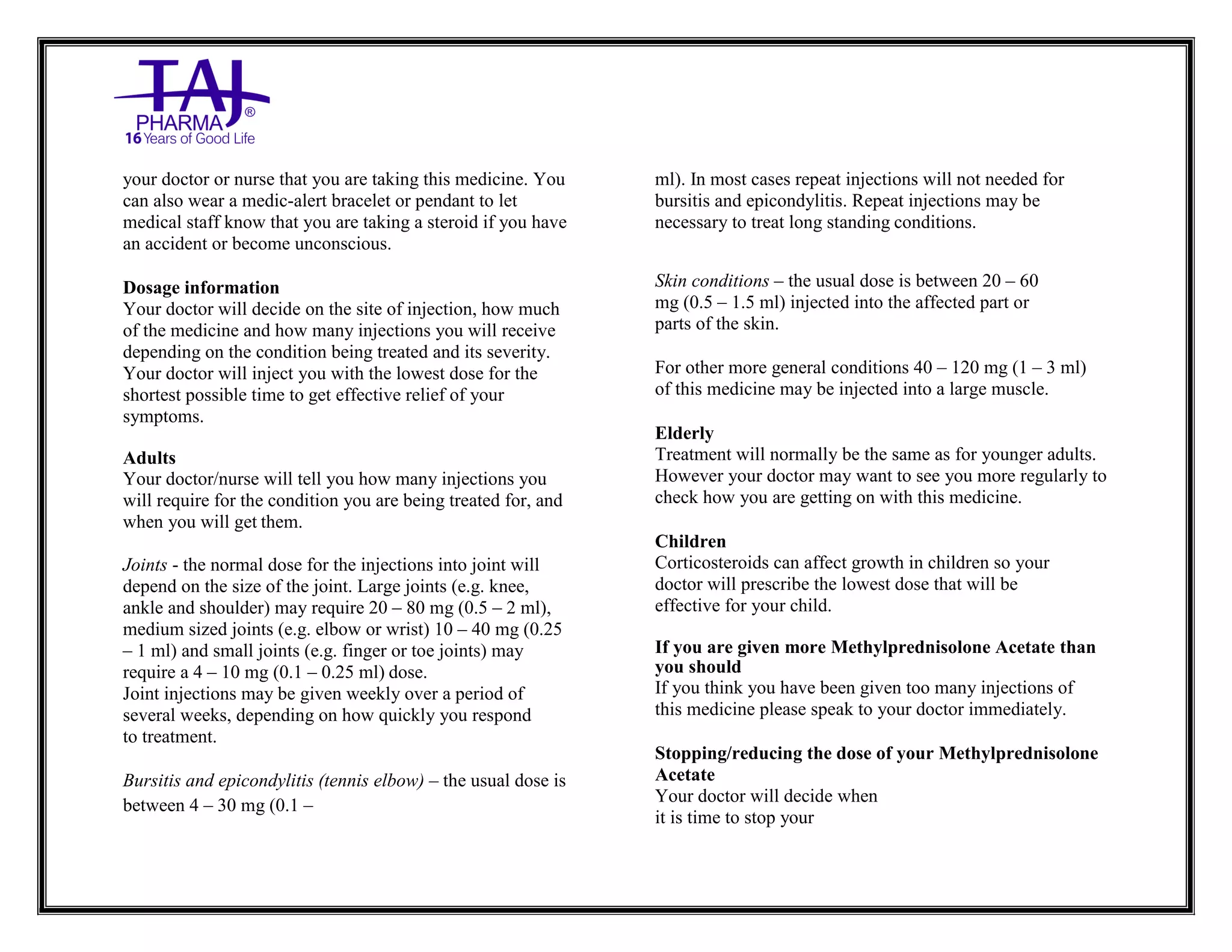 Methylprednisolone Acetate Injectable suspension USP Taj Pharma PIL | PDF