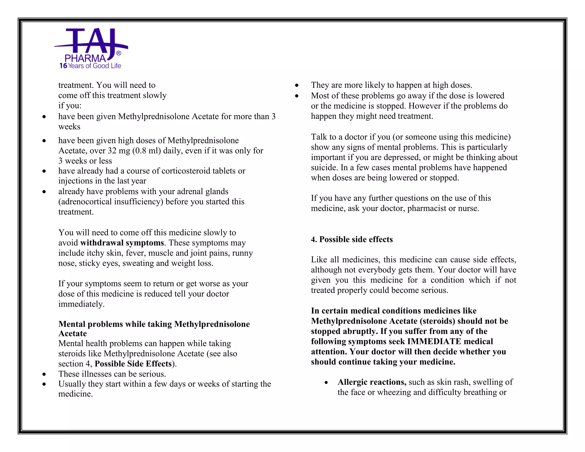 Methylprednisolone Acetate Injectable suspension USP Taj Pharma PIL | PDF