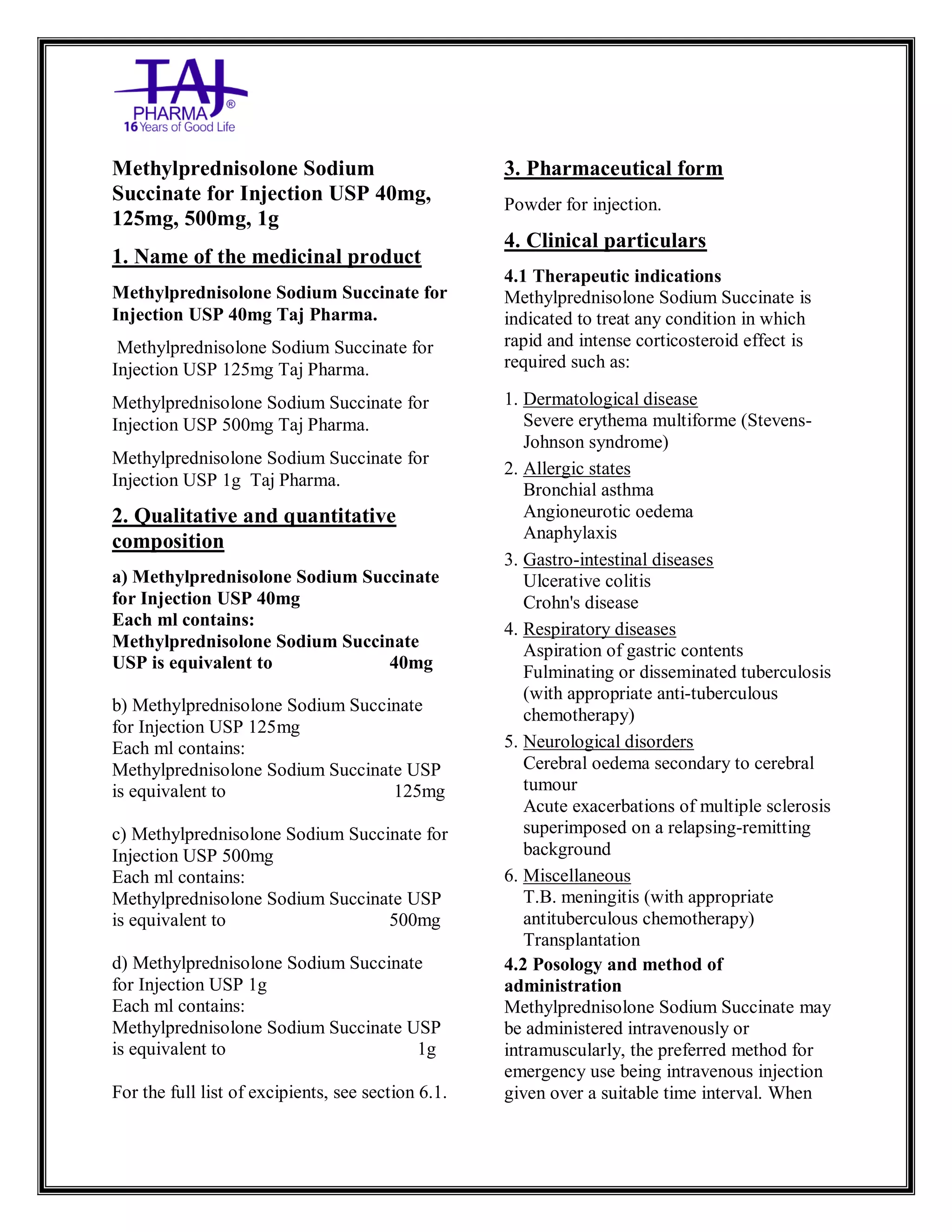 Methylprednisolone Sodium Succinate for Injection USP Taj Pharma SmPC | PDF